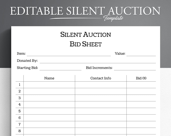 Printable Silent Auction Bid Sheet Digital Download Auction Planning ...