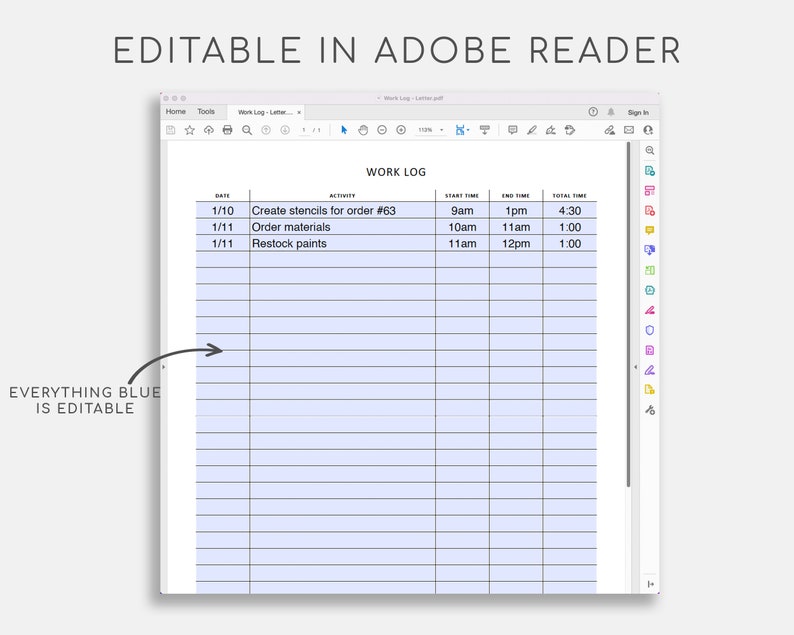 Work Log Printable. Time Log. Time Tracker. Working Hours Log. - Etsy