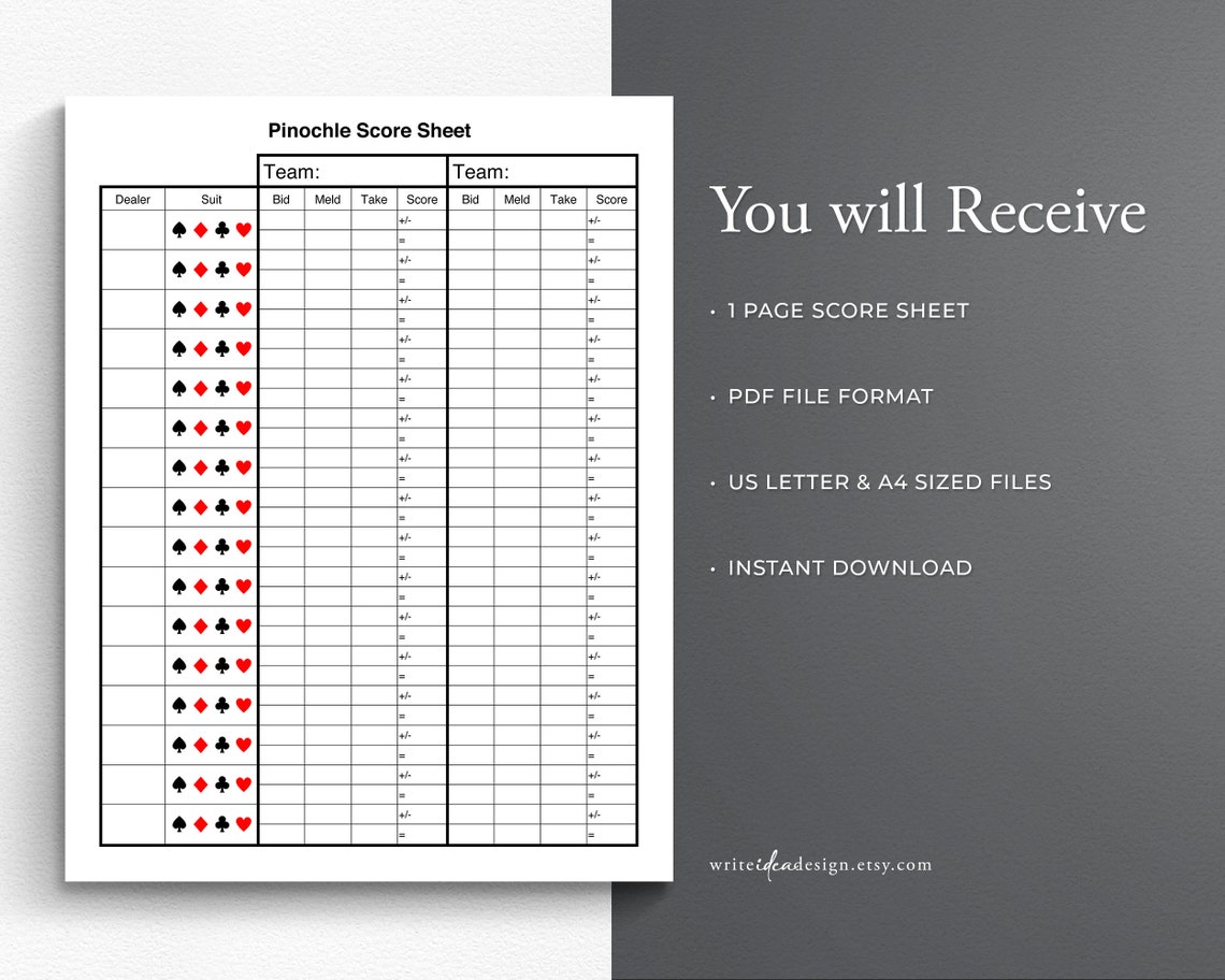 Pinochle Score Card. Printable Pinochle Score Sheet. Pinochle Score Pad ...