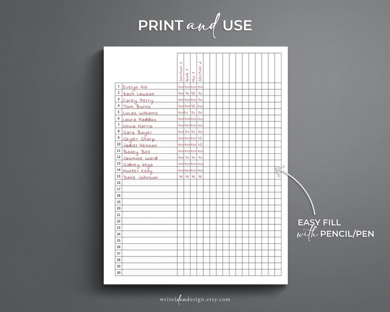 Printable Class Record and Checklist. Class Gradebook. Teacher - Etsy