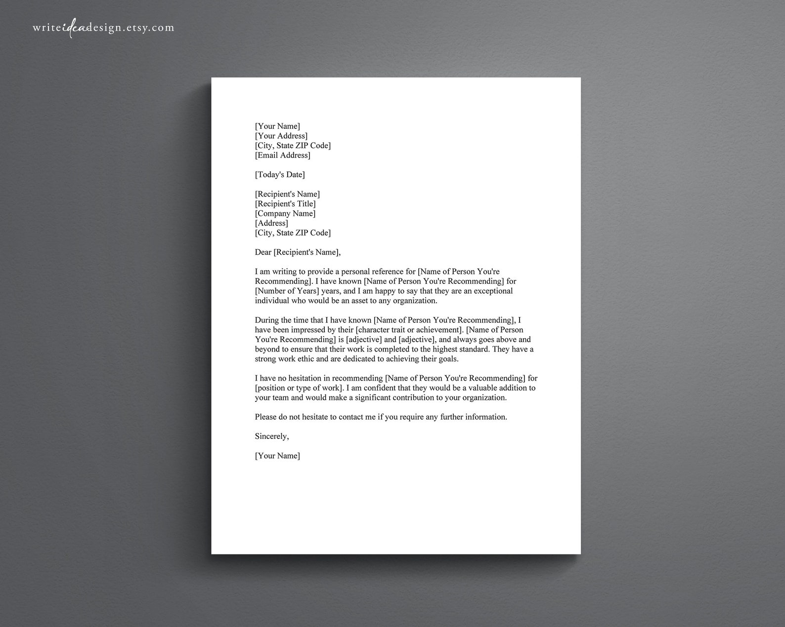 Personal Reference Letter Template. Google Docs/microsoft Word. Letter ...