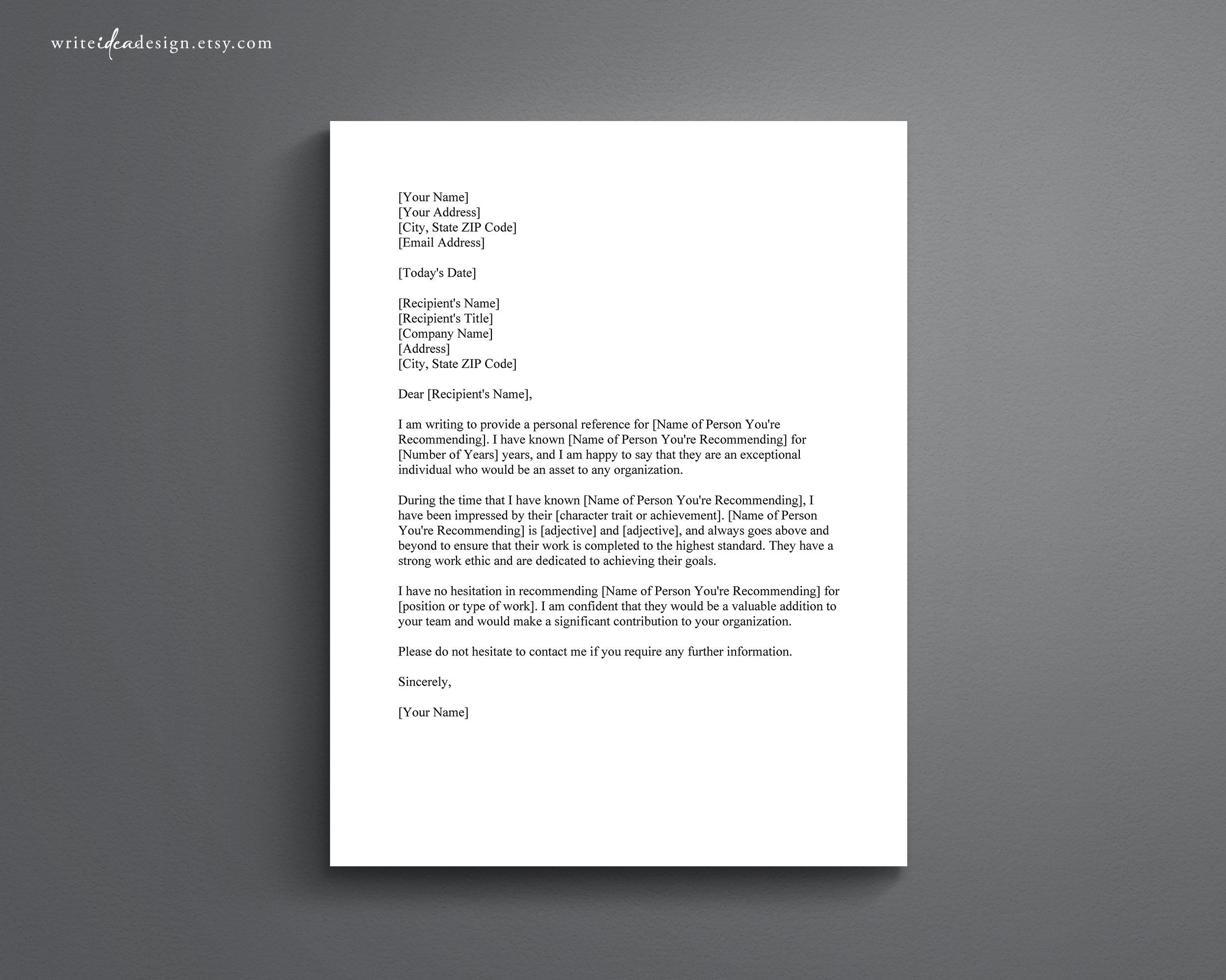 Personal Reference Letter Template. Google Docs/microsoft Word. Letter ...
