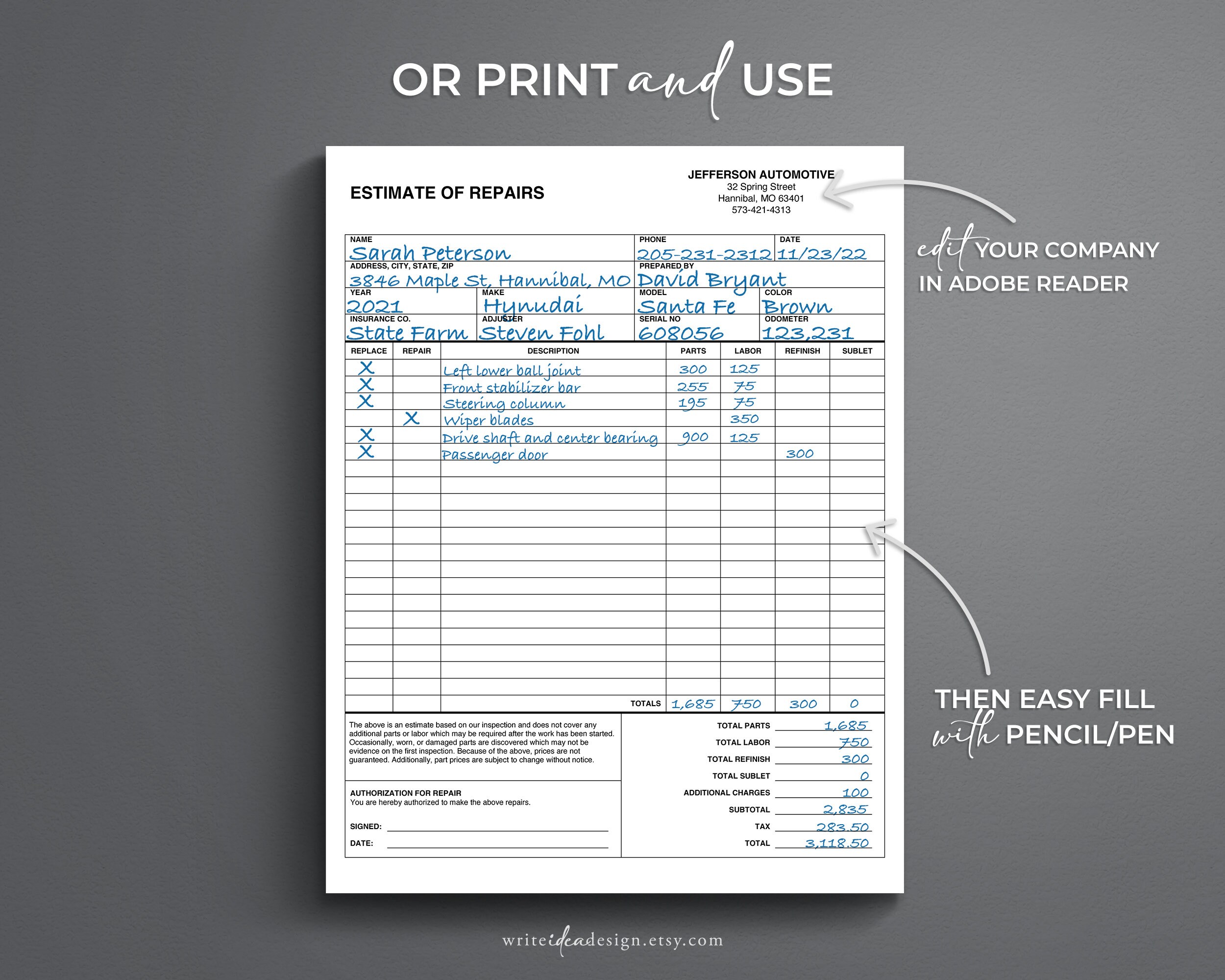 Auto Repair Estimate. Body Shop Estimate. Auto Body Estimator. - Etsy