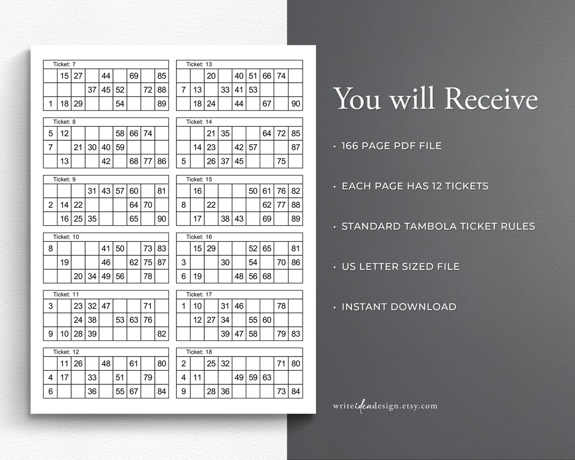 Printable Set of 1000 Tambola Tickets. 12 Tickets per Page. - Etsy