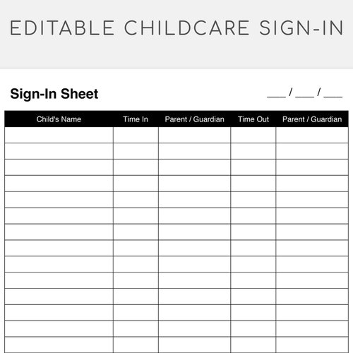 Editable Childcare Sign in Sheet. Daycare Sign In. Nursery - Etsy