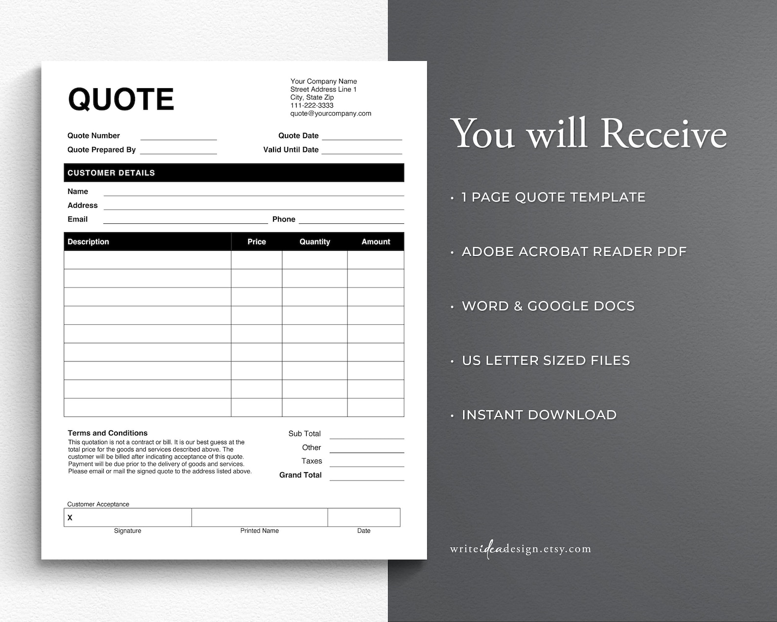 Quote Template. Pdf/google Docs/microsoft Word. Quote Form. - Etsy