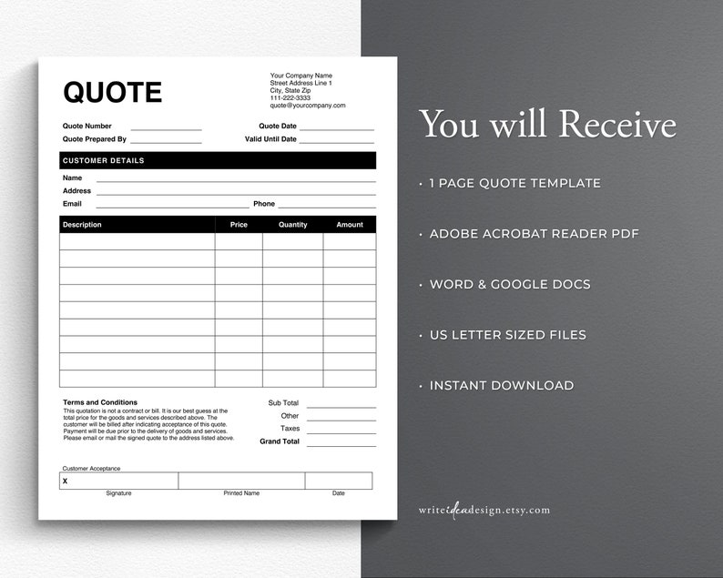 Quote Template. Pdf/google Docs/microsoft Word. Quote Form. Job Quote ...