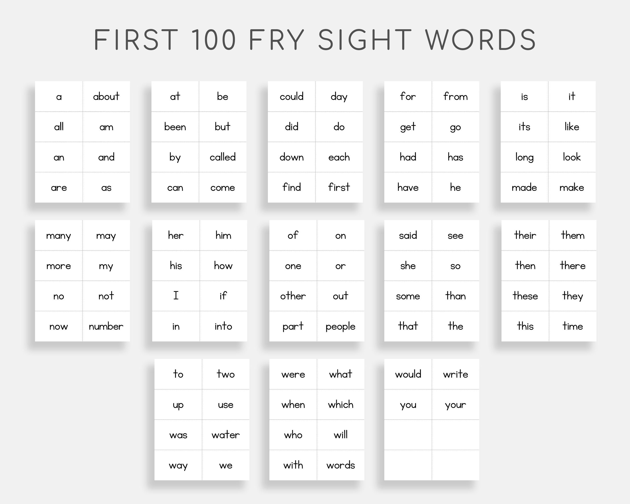 100 Sight Words Printable Flash Card. Kindergarten Sight - Etsy Australia