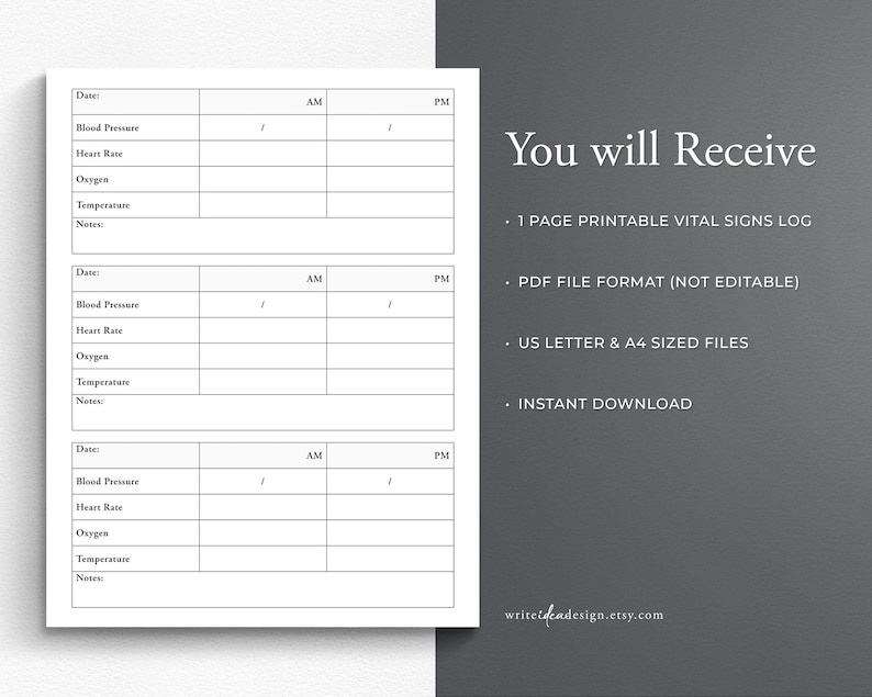 Printable Vital Signs Log: Daily Health Tracker (US Letter & A4) (PDF ...
