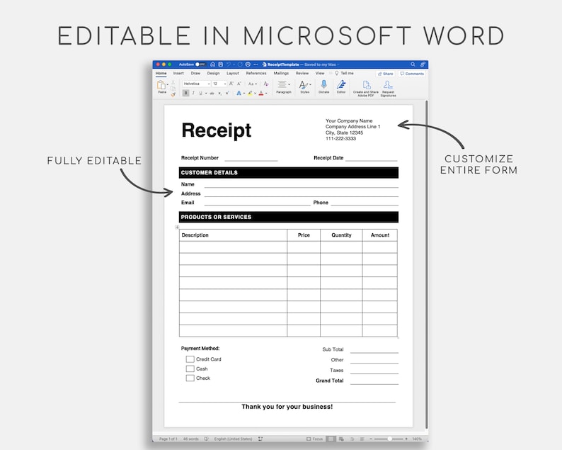 Receipt Template. Pdf/google Docs/microsoft Word. Receipt | Etsy