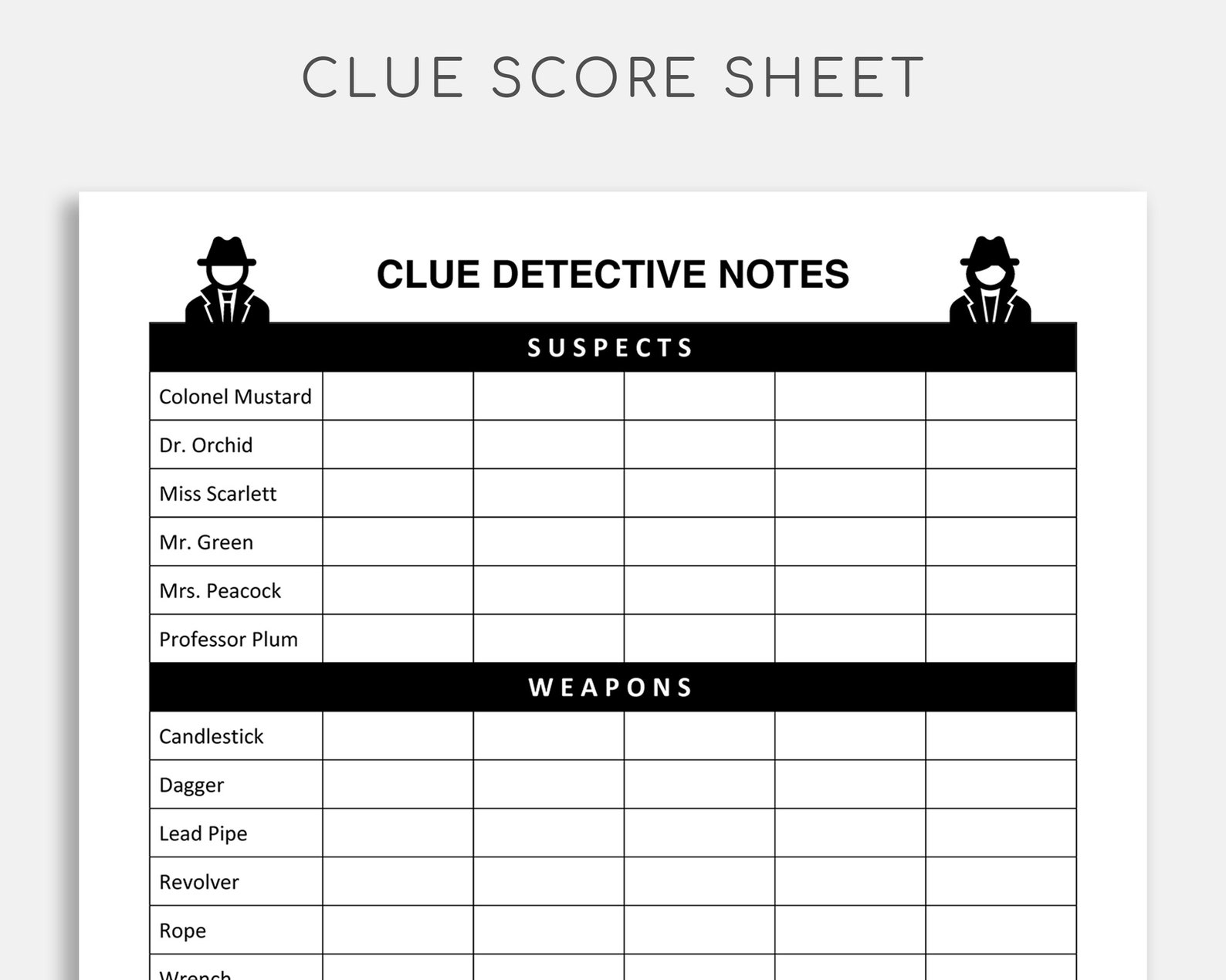 Clue Score Sheet. Printable Clue Score Pad. Clue Board Game - Etsy