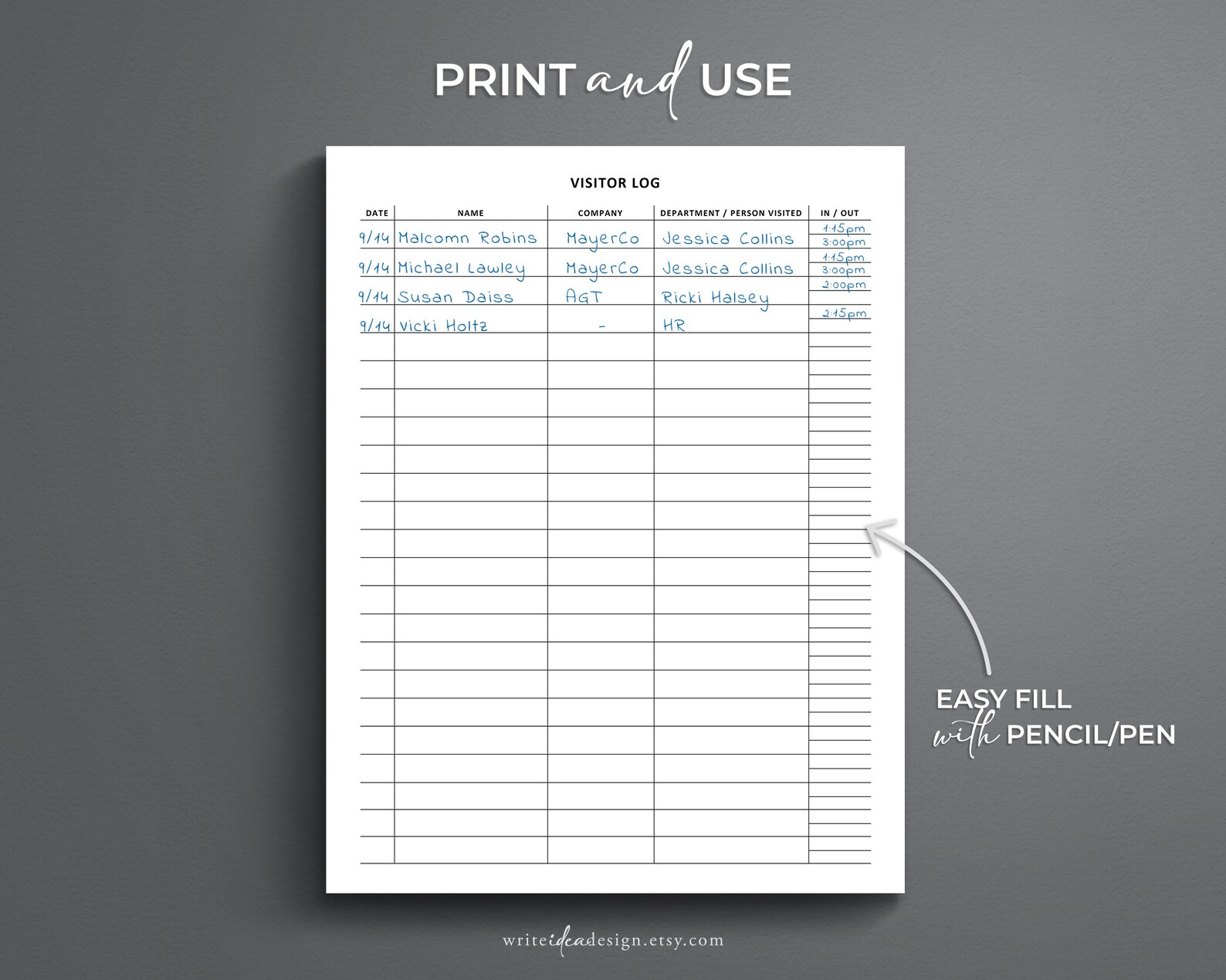 Printable Visitor Log. Visitor Sign in / Sign Out Sheet. - Etsy