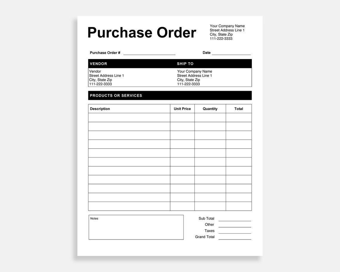Purchase Order Template. Pdf/google Docs/microsoft Word. - Etsy