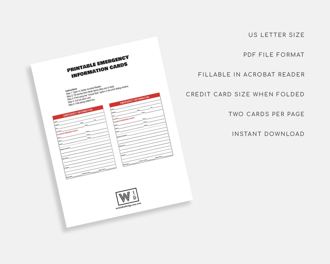 Printable Emergency Information Cards. Medical Alert ID. - Etsy