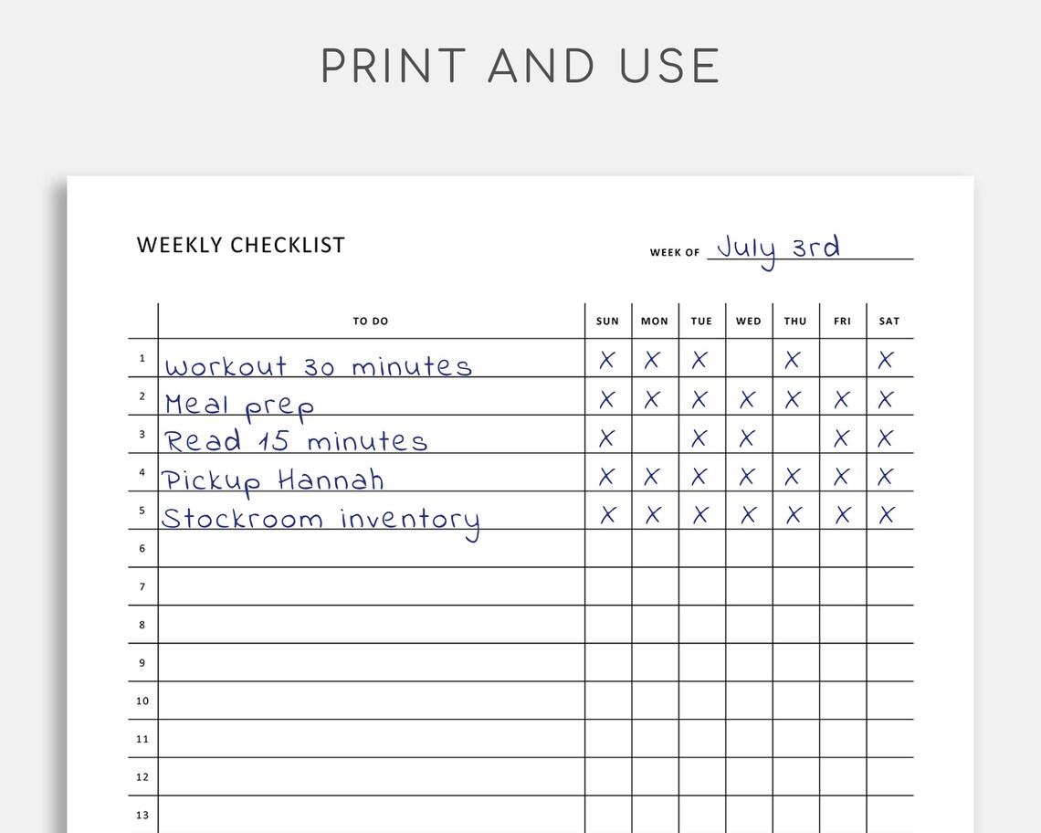 Weekly to Do List. Weekly Checklist Printable. Weekly Planner. - Etsy