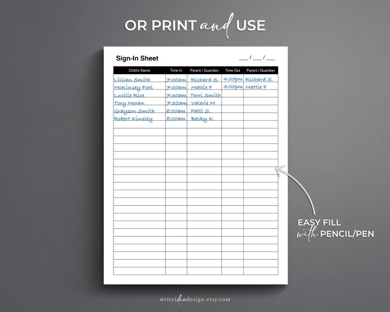 Editable Childcare Sign in Sheet. Daycare Sign In. Nursery Sign In ...