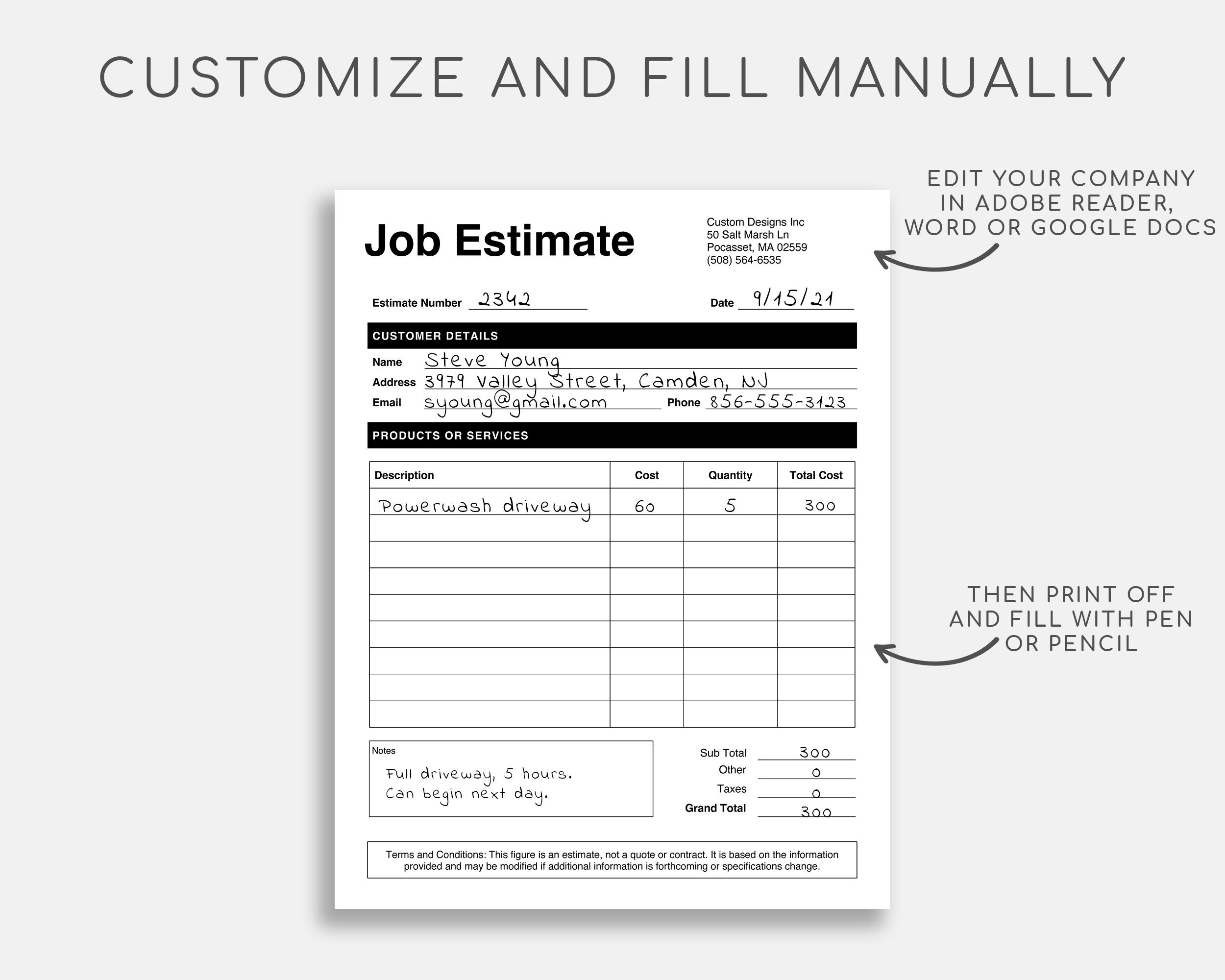 Job Estimate. Pdf/google Docs/microsoft Word. Contractor - Etsy