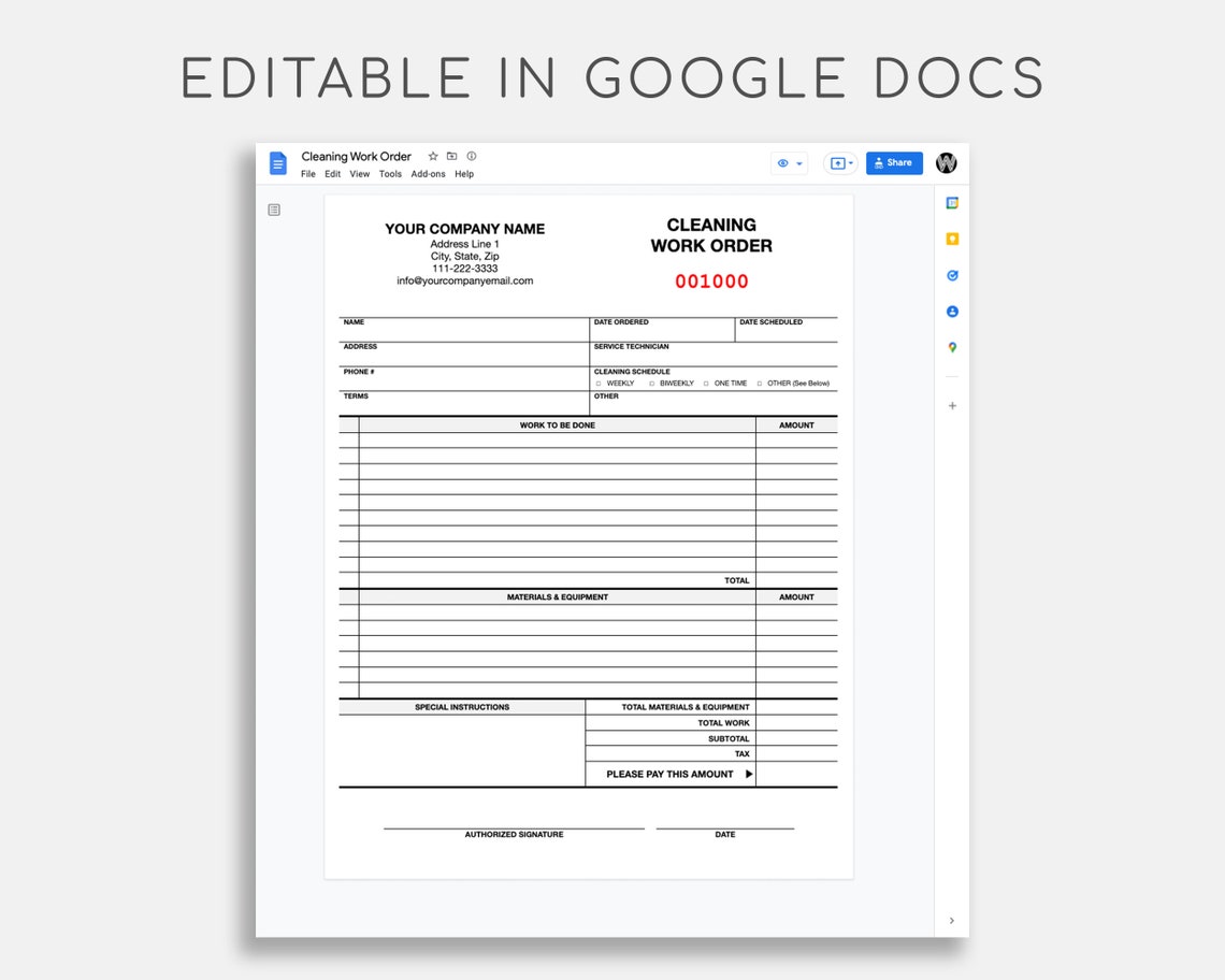 Cleaning Work Order. Pdf/google Docs/microsoft Word. Cleaning - Etsy