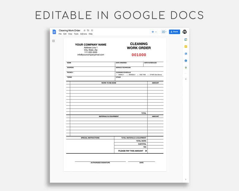 Cleaning Work Order. Pdf/google Docs/microsoft Word. Cleaning - Etsy