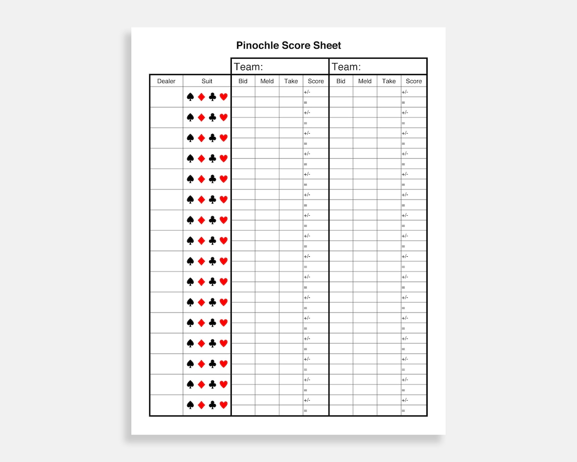 Pinochle Score Card. Printable Pinochle Score Sheet. Pinochle - Etsy