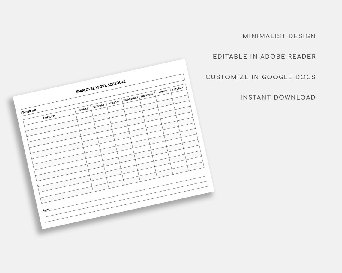Employee Work Schedule. Pdf/google Docs. Employee Time Sheet. - Etsy