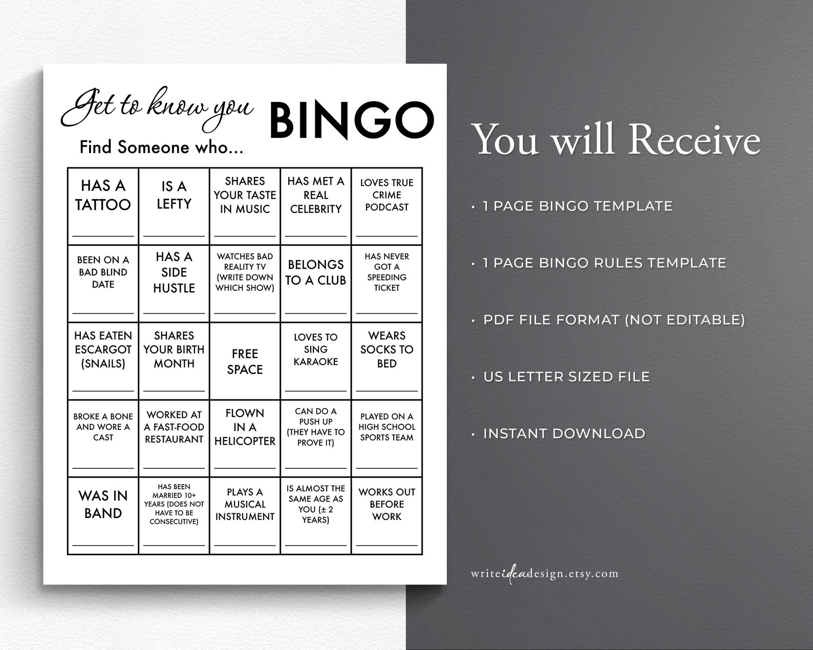 Get to Know You Bingo Game: Icebreaker Party Activity (printable PDF ...