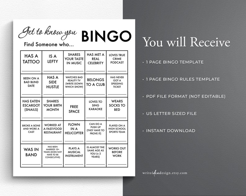 Get to Know You Bingo Game: Icebreaker Party Activity (printable PDF ...