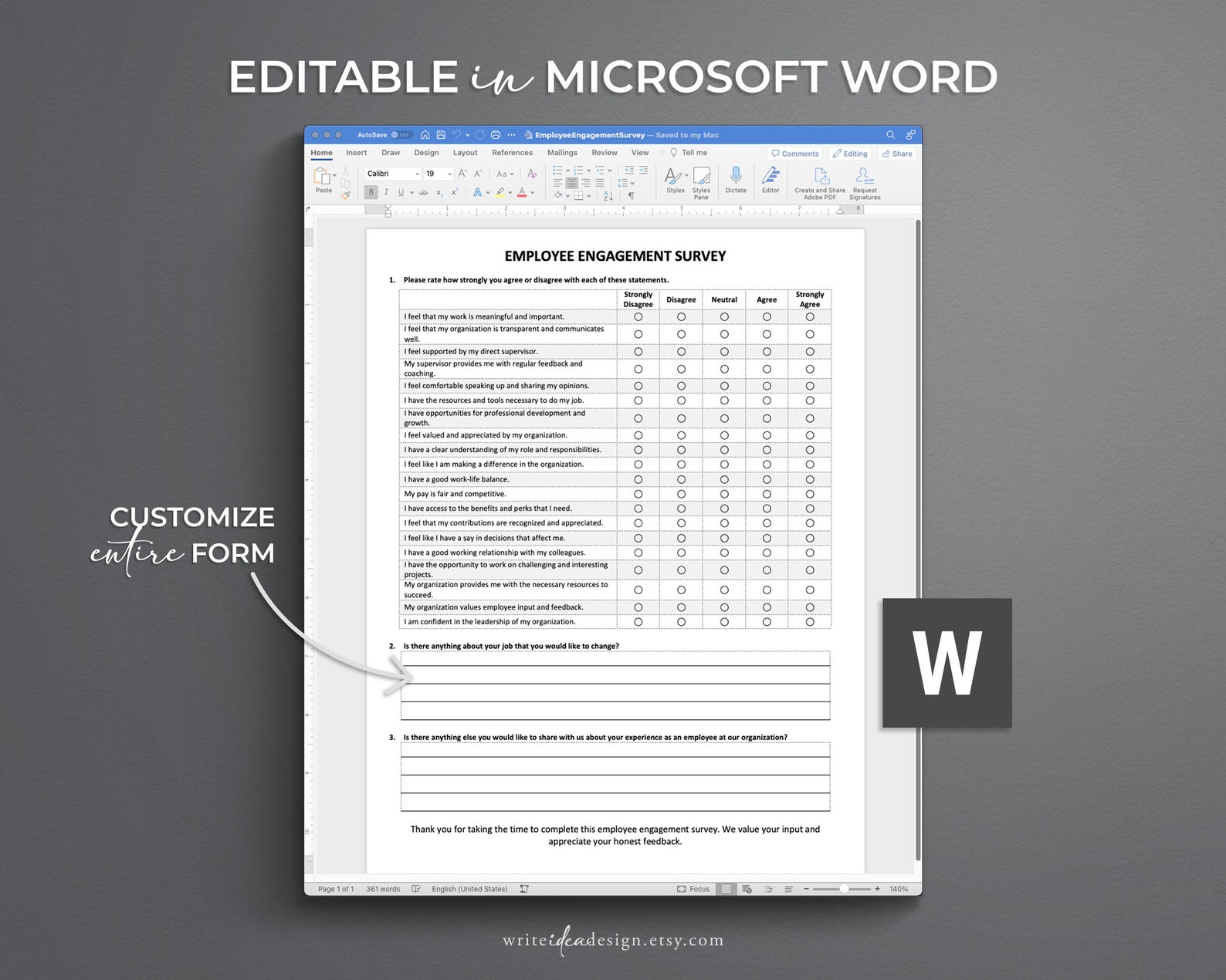 Employee Engagement Survey Template: HR Feedback (printable Pdf/word ...