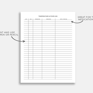 Temperature & Fever Log. Fever Chart. Sick Child Log. Sick | Etsy