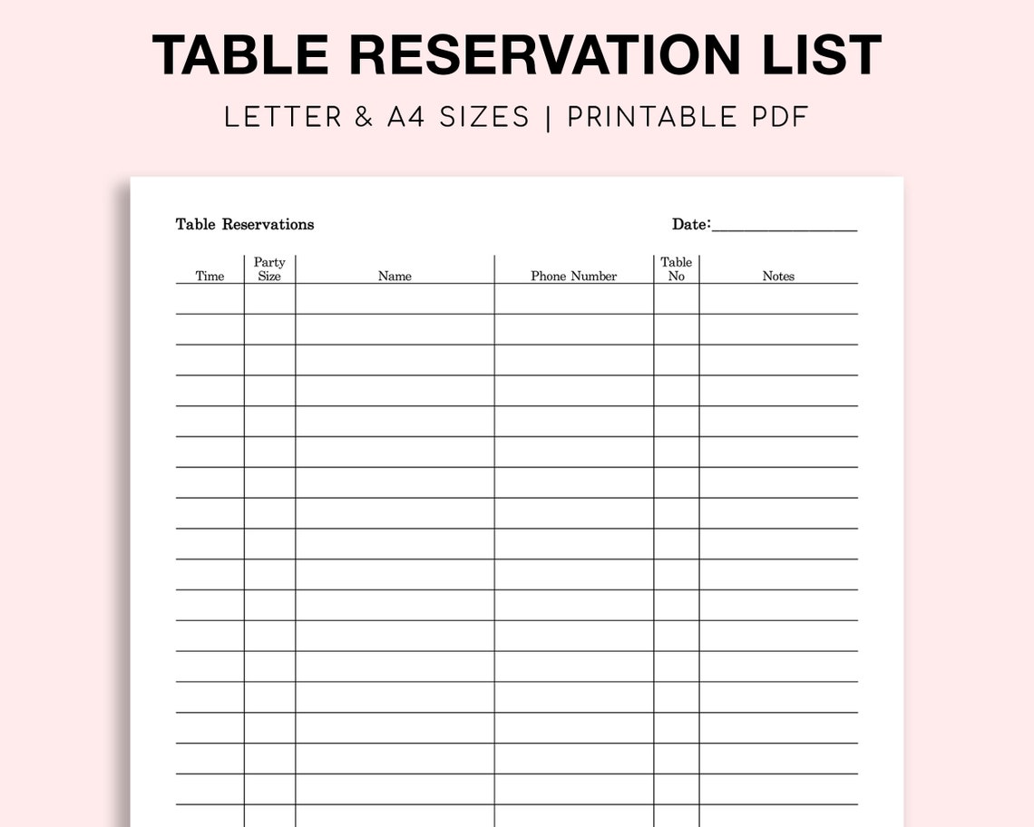 Printable Table Reservation List. Restaurant Table Reservation - Etsy UK