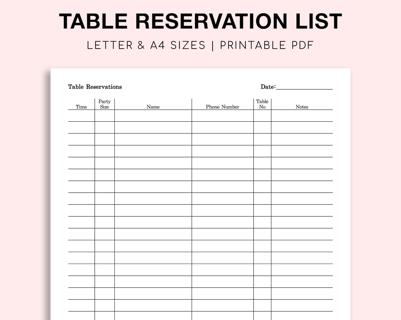 Printable Table Reservation List. Restaurant Table Reservation - Etsy UK