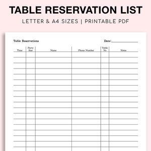 Printable Table Reservation List. Restaurant Table Reservation - Etsy