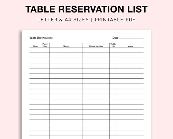 Printable Table Reservation List. Restaurant Table Reservation - Etsy