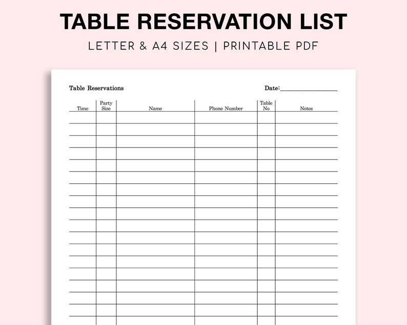 Printable Table Reservation List. Restaurant Table Reservation - Etsy