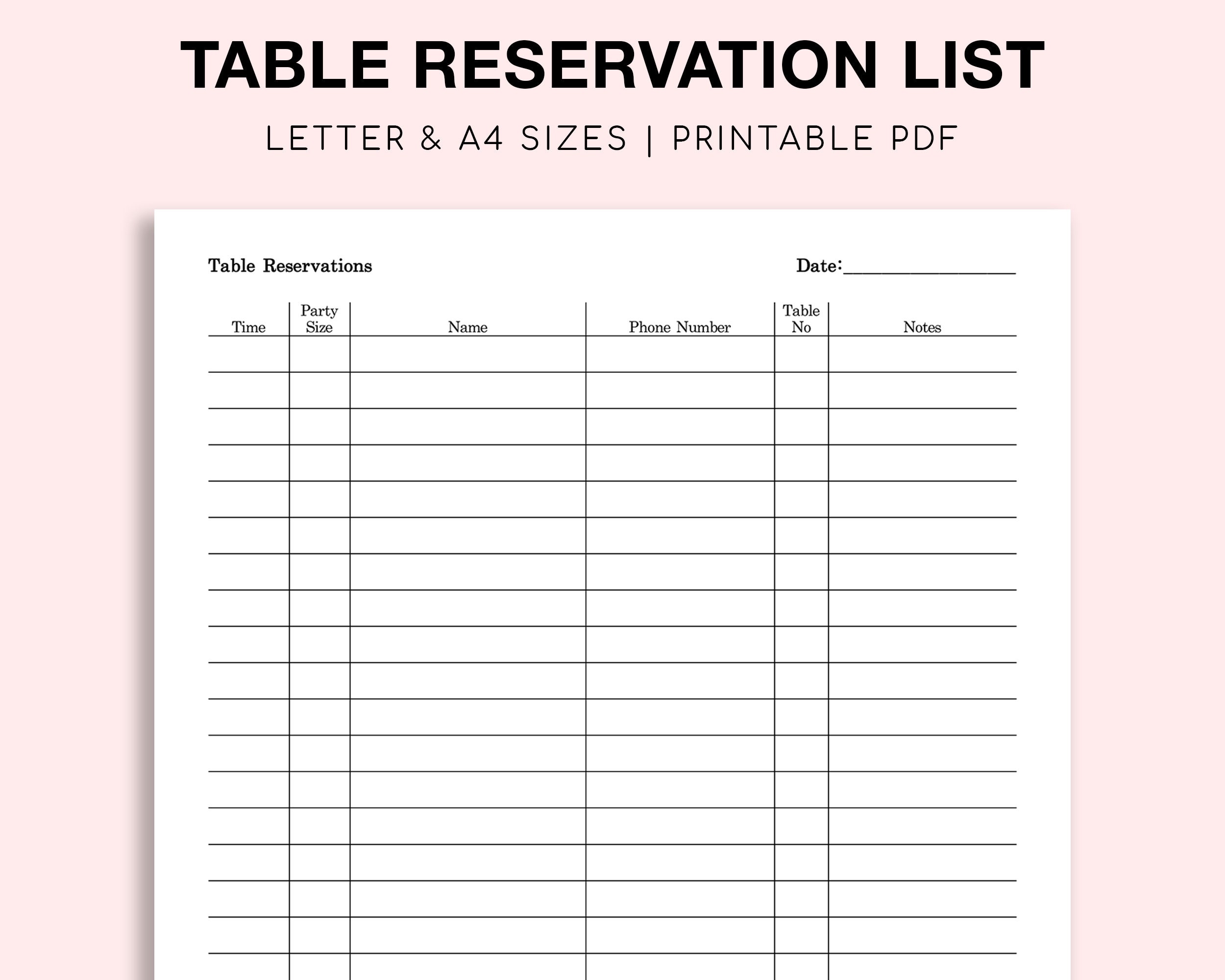 Printable Table Reservation List. Restaurant Table Reservation - Etsy UK