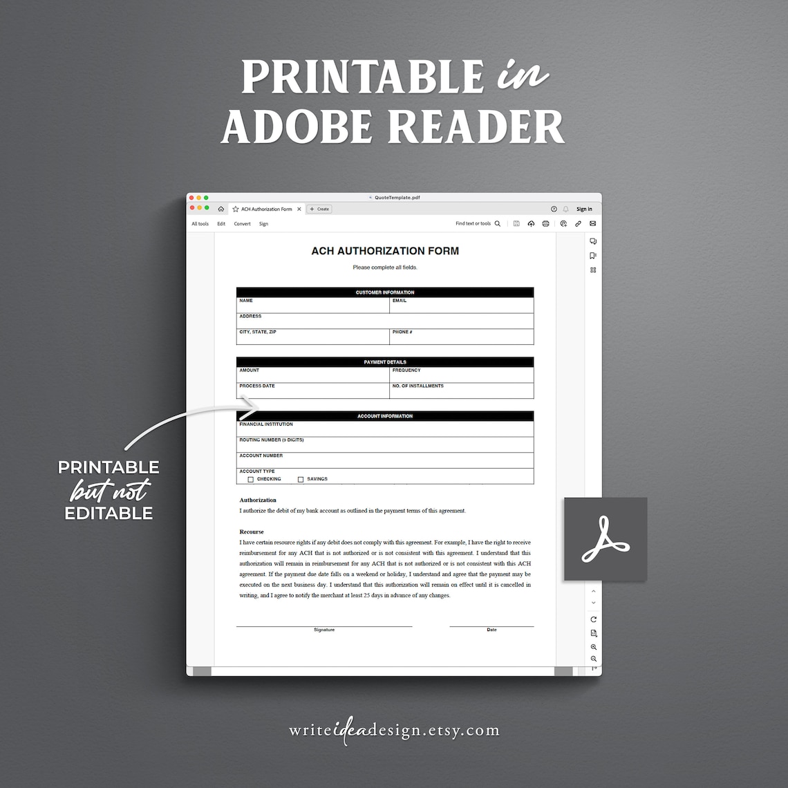 ACH Authorization Form Template - Debit Authorization for Payment ...