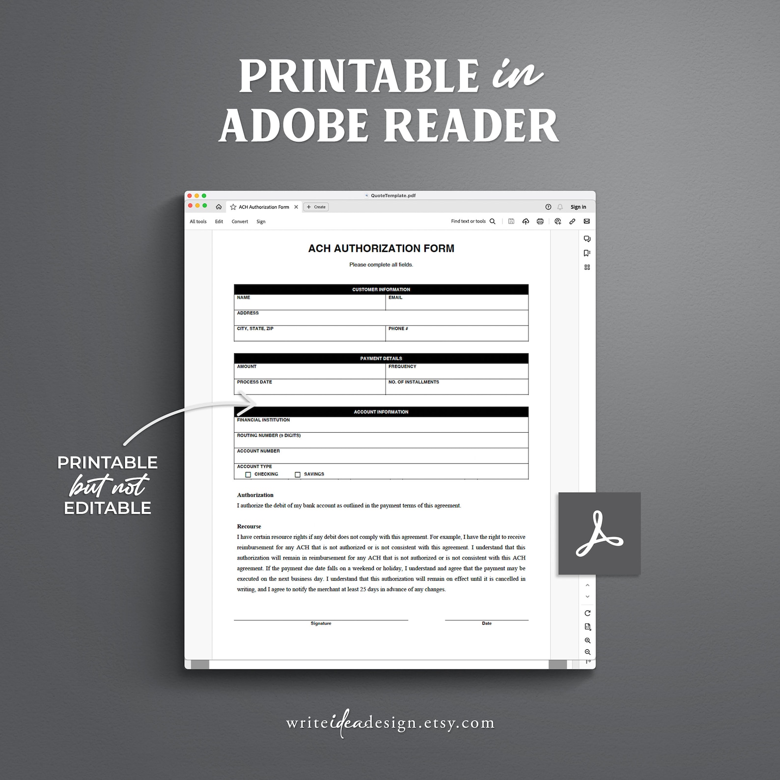 ACH Authorization Form Template - Debit Authorization for Payment ...