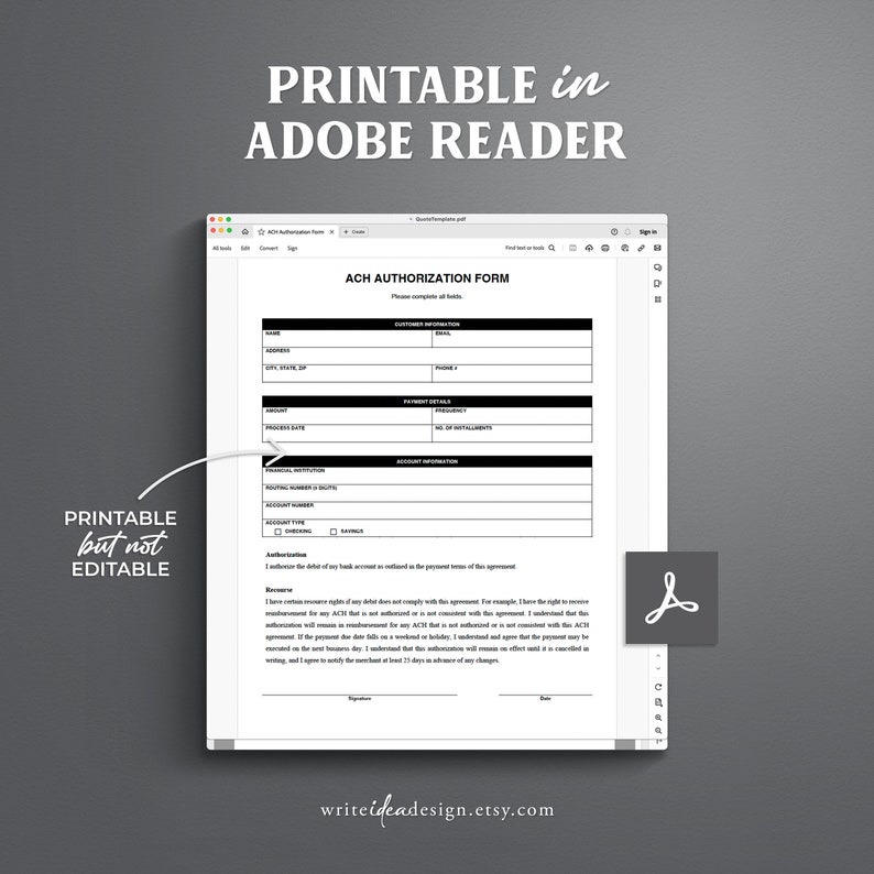 ACH Authorization Form Template - Debit Authorization for Payment ...