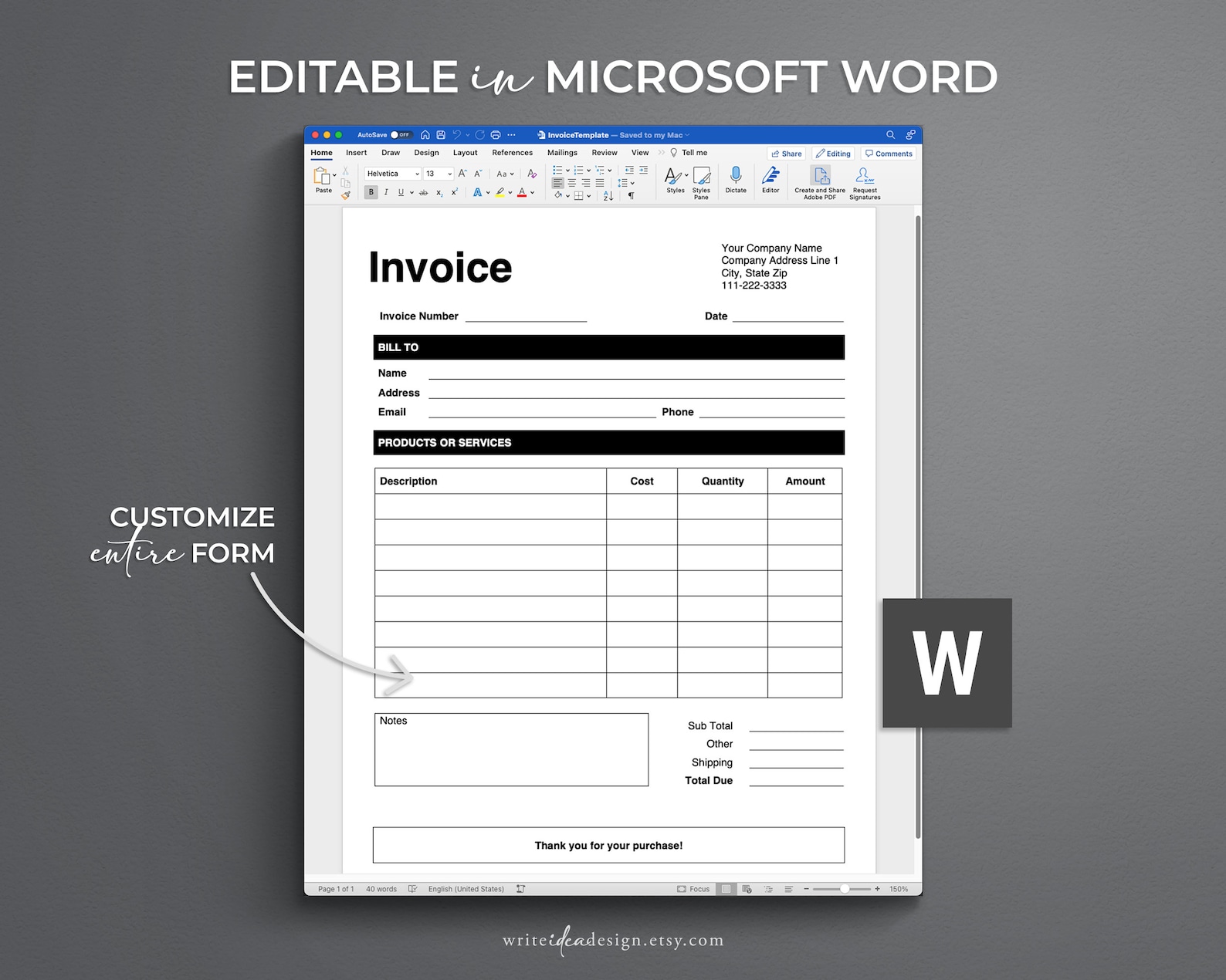 Invoice Template Pdf/google Docs/word. Business Invoice. - Etsy