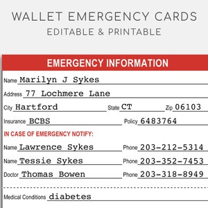 Printable Emergency Information Cards. Medical Alert ID. - Etsy