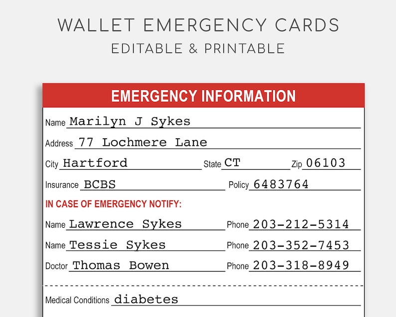 Printable Emergency Information Cards. Medical Alert ID. - Etsy
