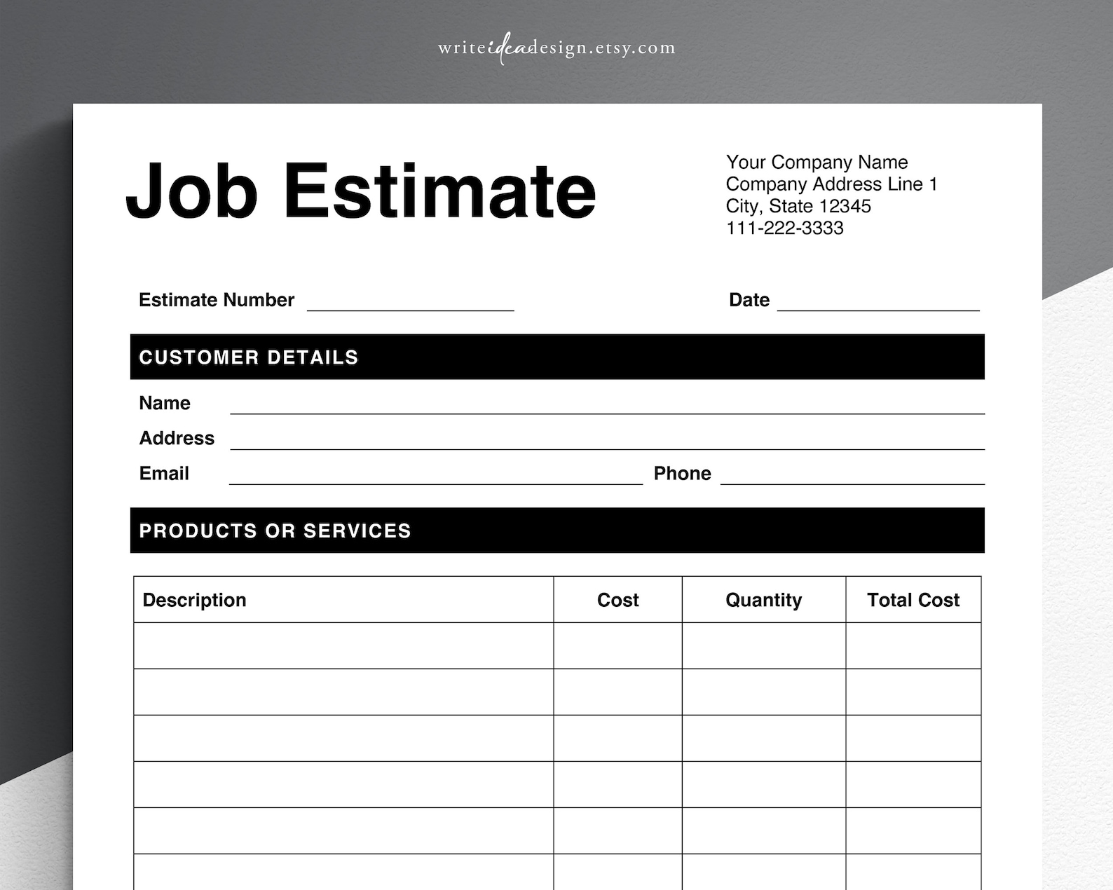 Job Estimate. Pdf/google Docs/microsoft Word. Contractor - Etsy UK