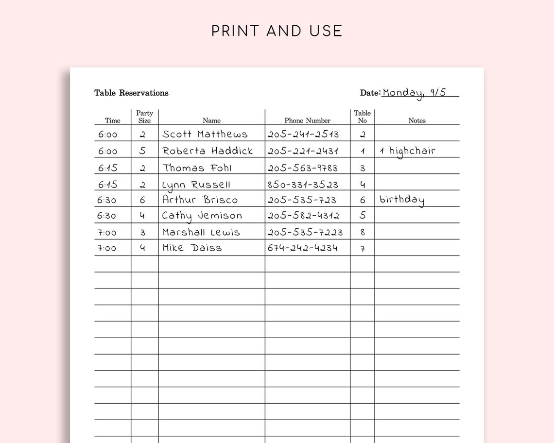 Printable Table Reservation List. Restaurant Table Reservation - Etsy UK