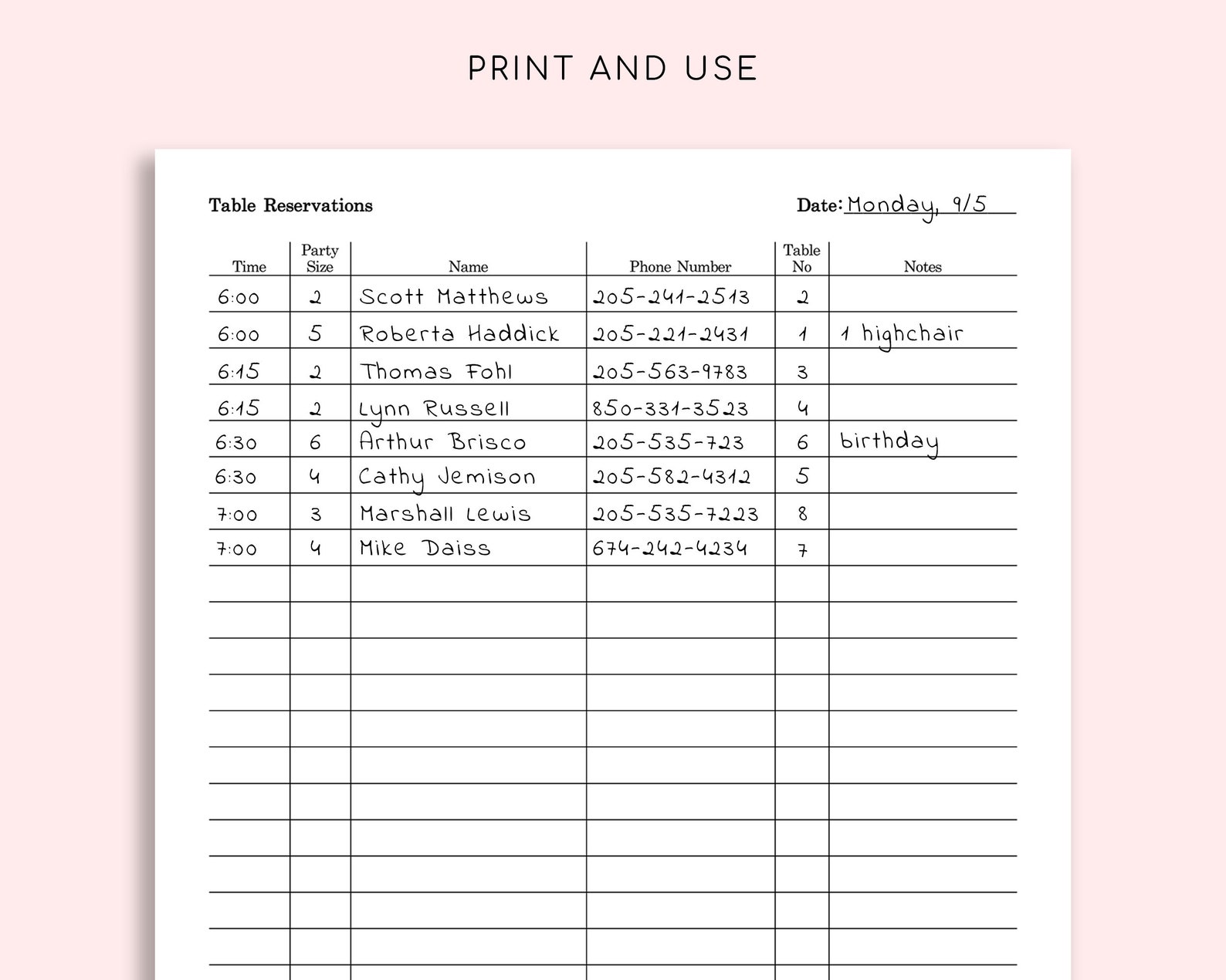 Printable Table Reservation List. Restaurant Table Reservation - Etsy UK