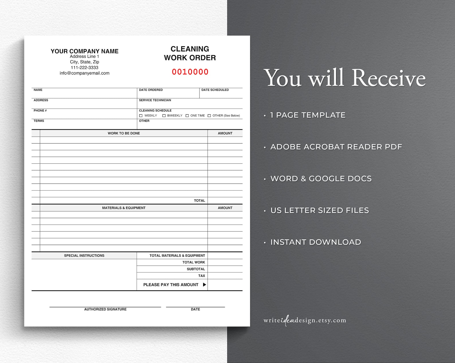 Cleaning Work Order. Pdf/google Docs/microsoft Word. Cleaning Service ...