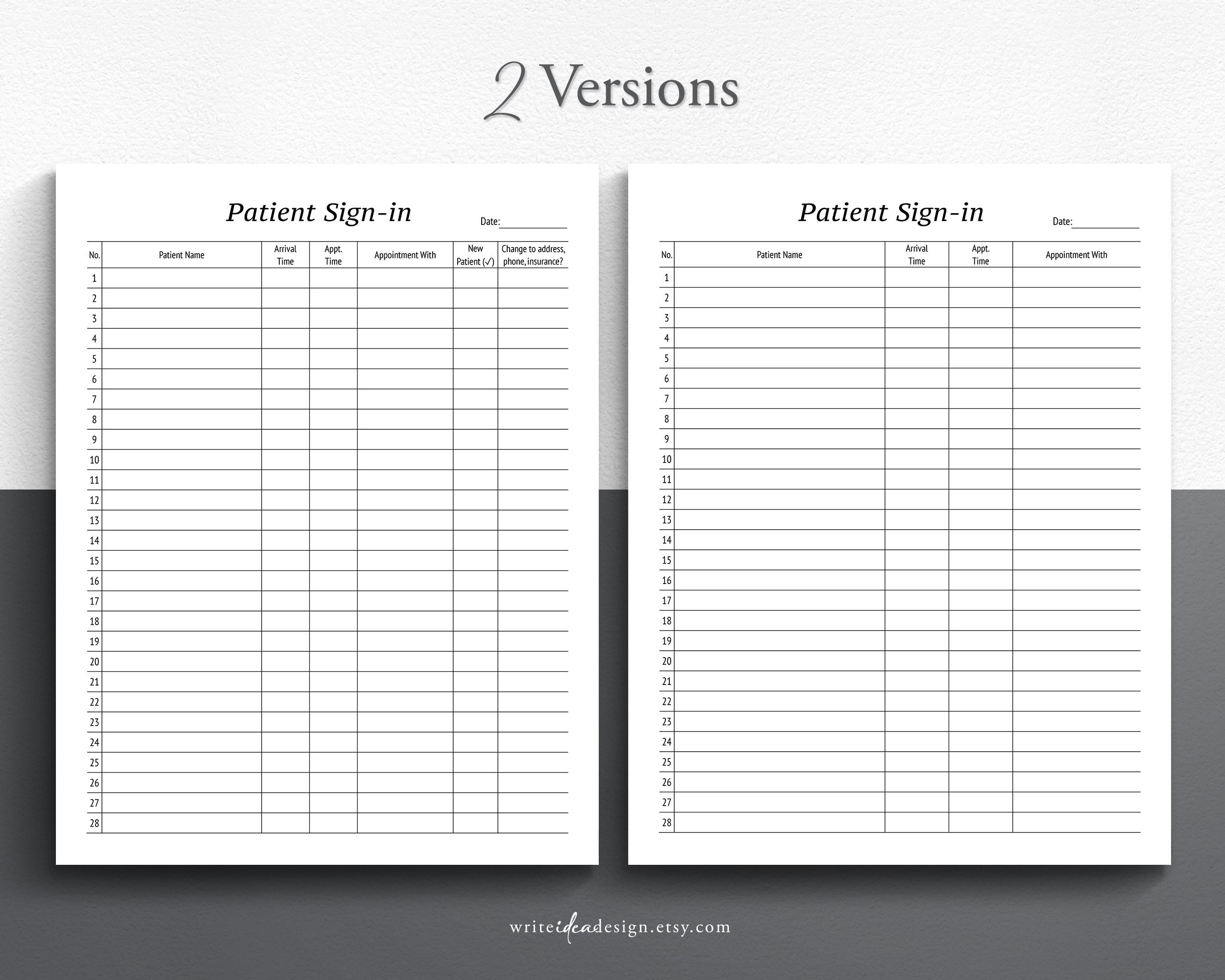 Patient Sign In Sheets Printable