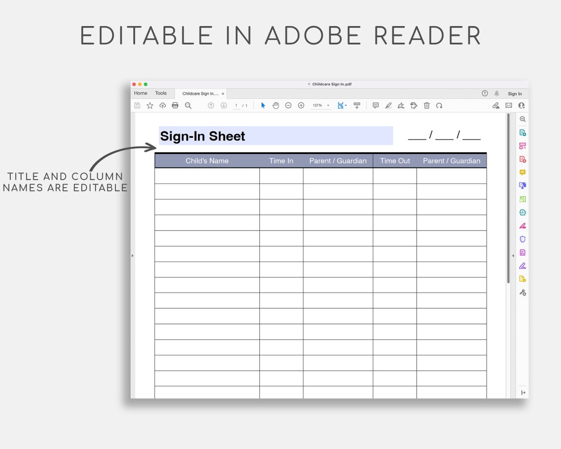 Editable Childcare Sign in Sheet. Daycare Sign In. Nursery - Etsy