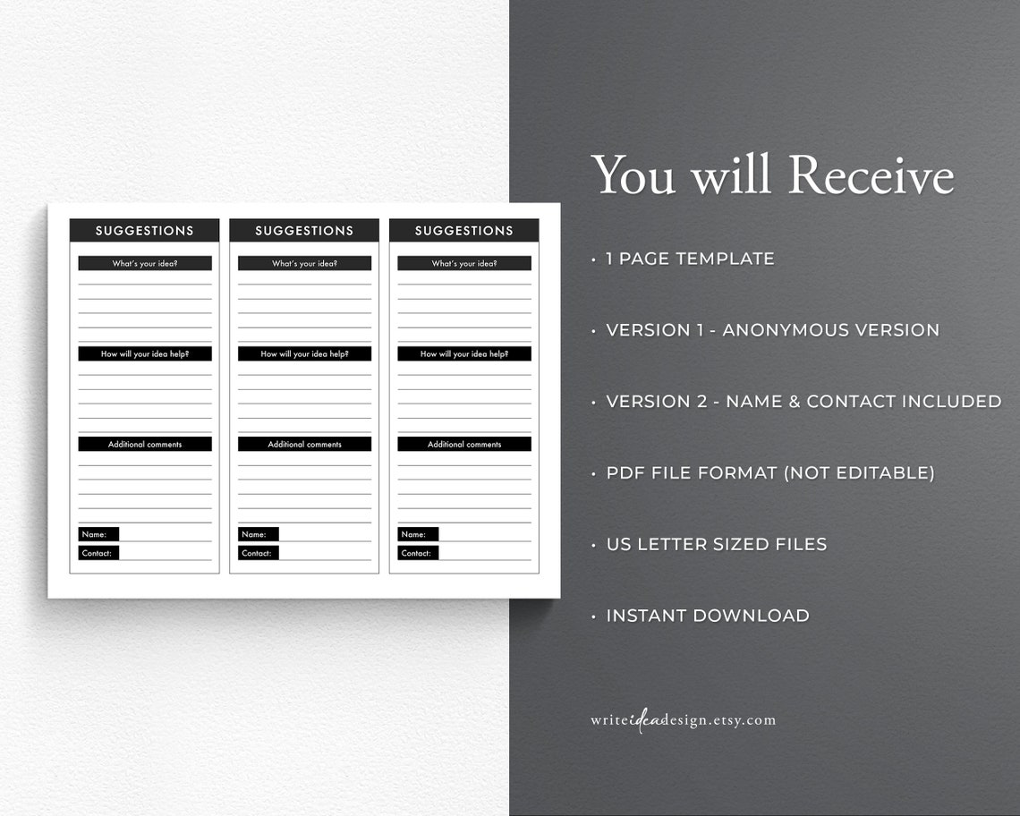 Printable Employee Suggestion Card Template (US Letter PDF) - Etsy