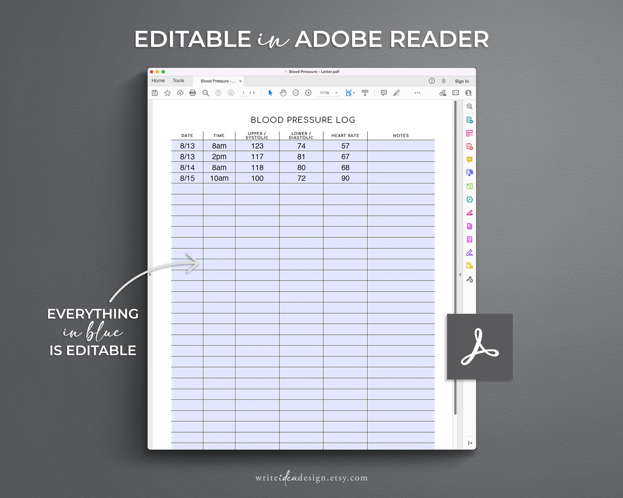 Blood Pressure Log Editable Printable. Blood Pressure Tracker. - Etsy