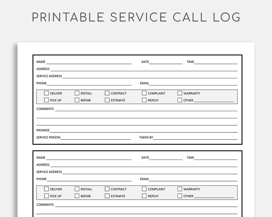 Service Call Log. Printable Service Tracker. Maintenance Call - Etsy